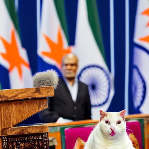 pm cat sitting over a podium addressing india, ani, | Stable Diffusion ...