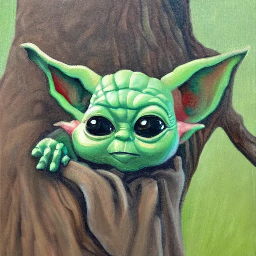 painting of a cute baby yoda in the woods hiding | Stable Diffusion ...