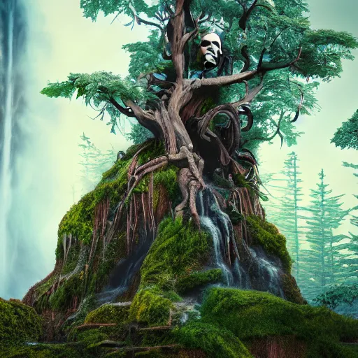 giant skull mountain, trees on scalp, waterfall, | Stable Diffusion ...