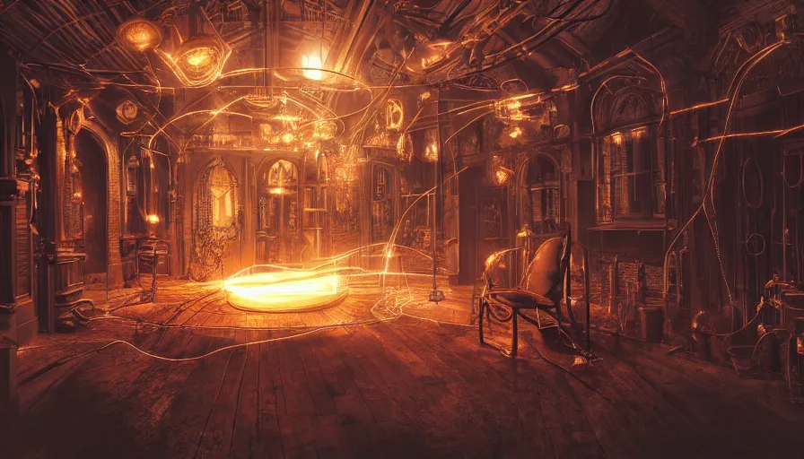 a glowing electrical steampunk teleport in a victorian | Stable Diffusion