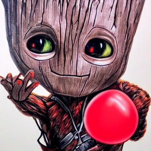 realistic portrait of baby groot with a red balloon | Stable Diffusion ...