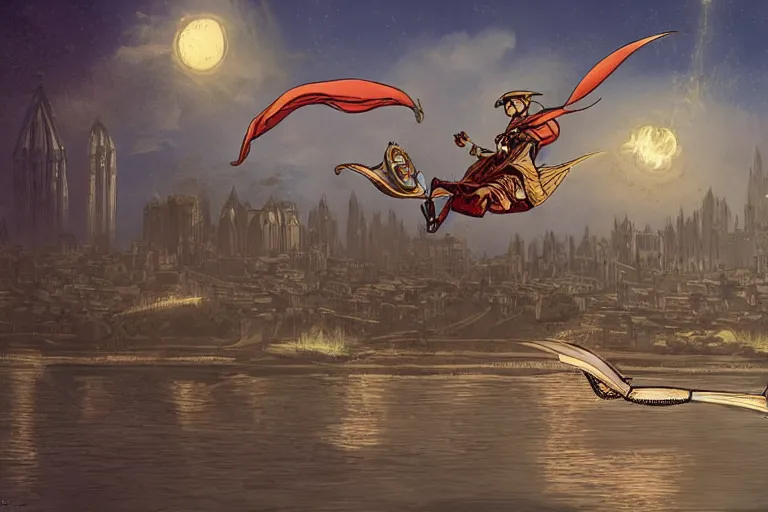 a wizard flying on a steampunk hover bike over a river | Stable ...