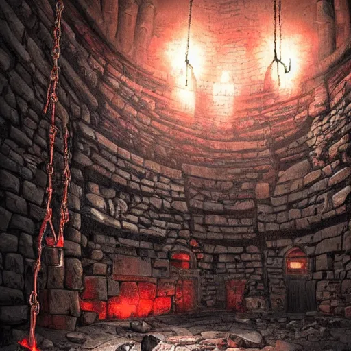 a dark and desolate stone dungeon with red tattered | Stable Diffusion