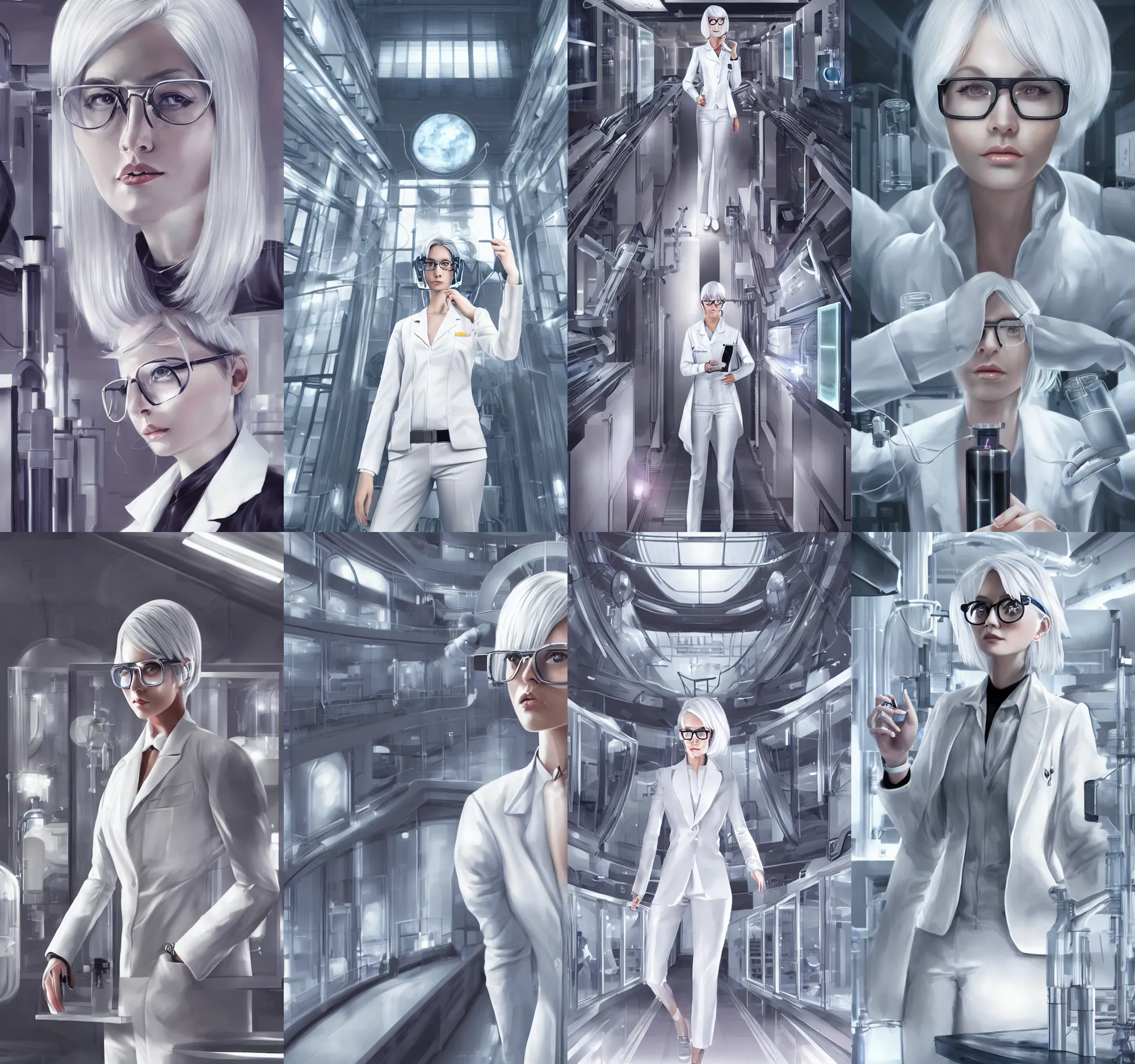 a scientist girl with silver hair wearing white suit | Stable Diffusion ...