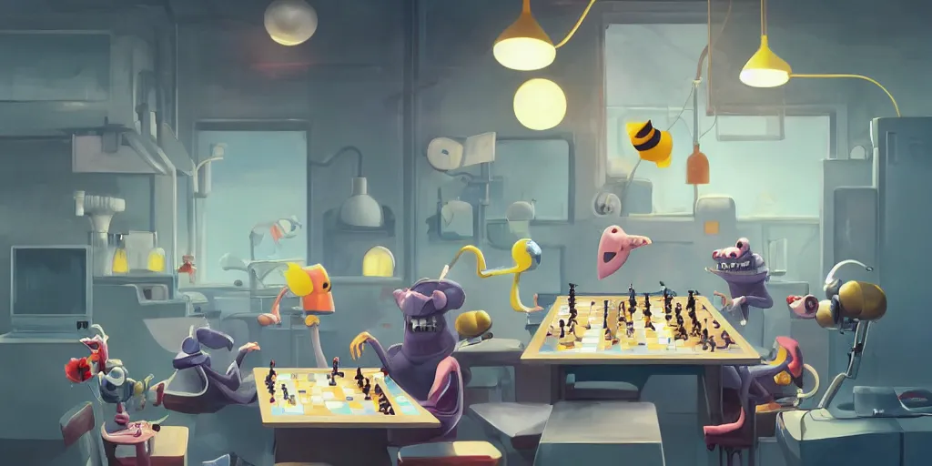 kawaii cartoon monsters playing chess in a laboratory | Stable ...