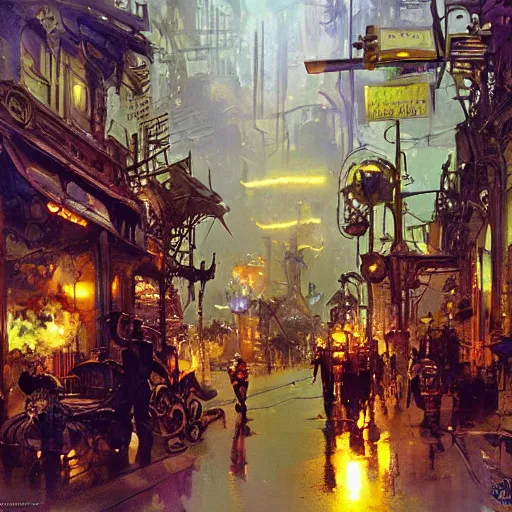 people a street in steampunk new crobuzon by tom | Stable Diffusion