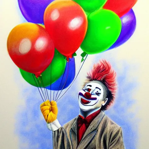Colored pencil art on paper, Clown with balloons full | Stable ...