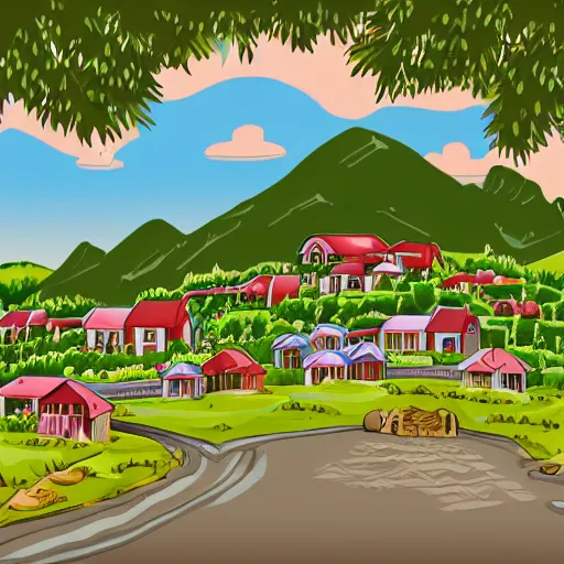 cartoon of a small village surrounded by mountains. | Stable Diffusion