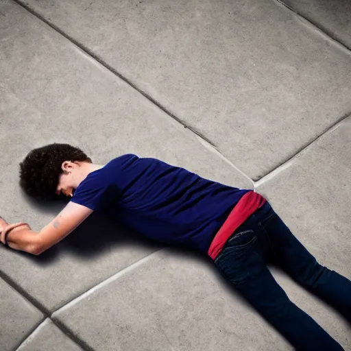 deflated human, flattened human on the floor, hollow, | Stable Diffusion