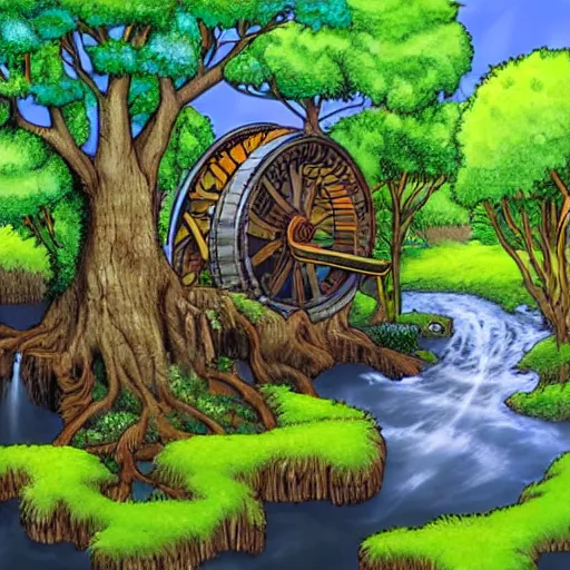 house with a waterwheel built into the roots of a | Stable Diffusion ...