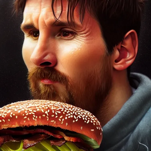 Lionel Messi eating a mammoth Wendy's baconator, | Stable Diffusion