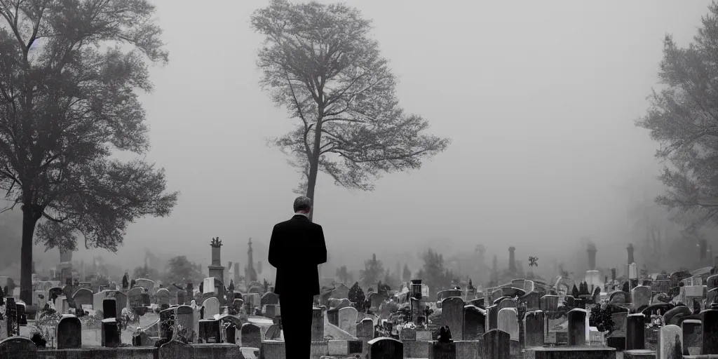 A lone man in a black suit standing in a cemetery, bad | Stable Diffusion
