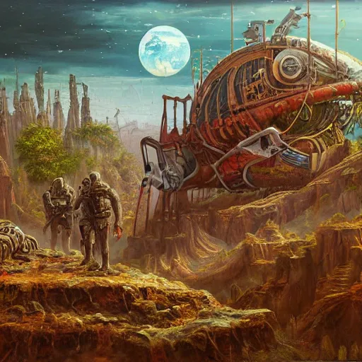 humans exploring ancient post - apocalyptic planet, | Stable Diffusion