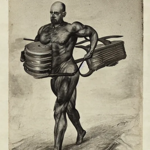 a muscular bald man carrying engines on his back | Stable Diffusion ...