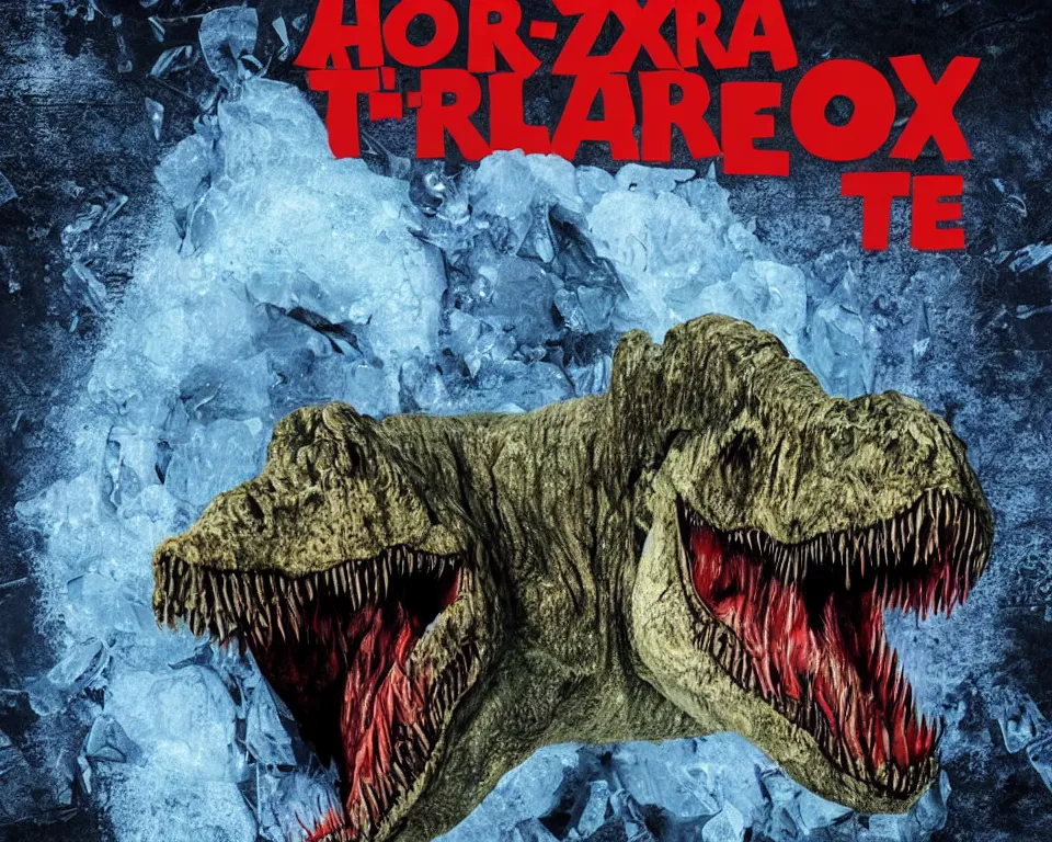 a horror movie poster featuring a t - rex frozen in ice | Stable Diffusion