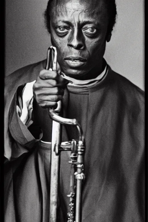 intense portrait of miles davis as a medieval priest, | Stable Diffusion