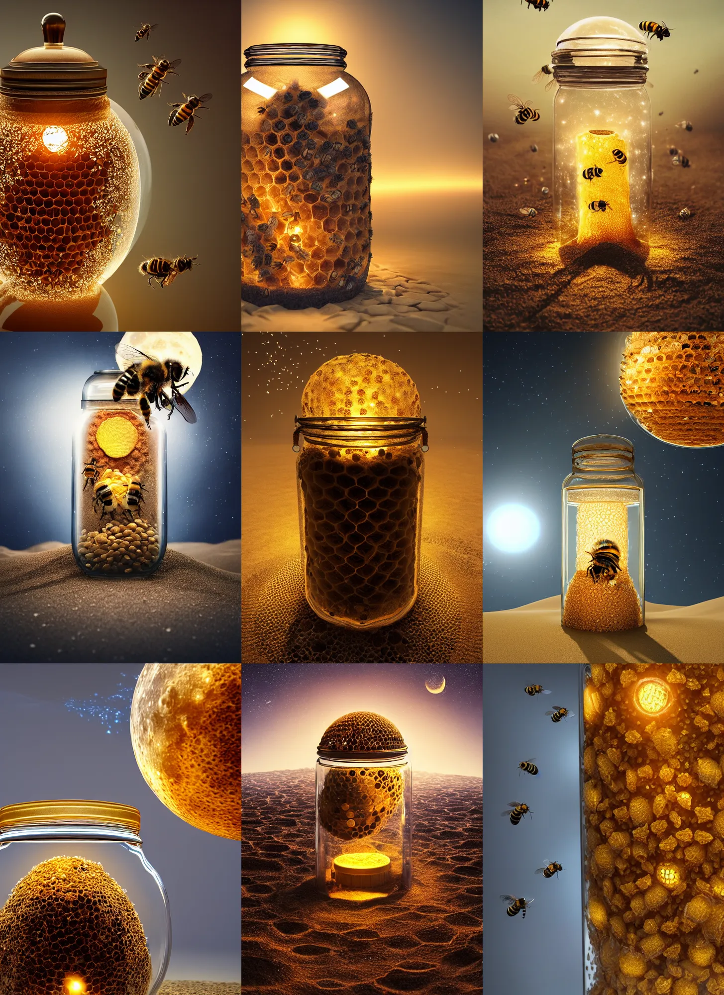beehive inside a glass jar, full moon buried in sand, | Stable ...