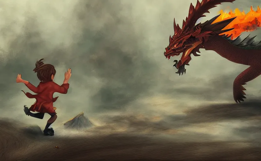 fantasy scene showing the young boy running away from | Stable Diffusion