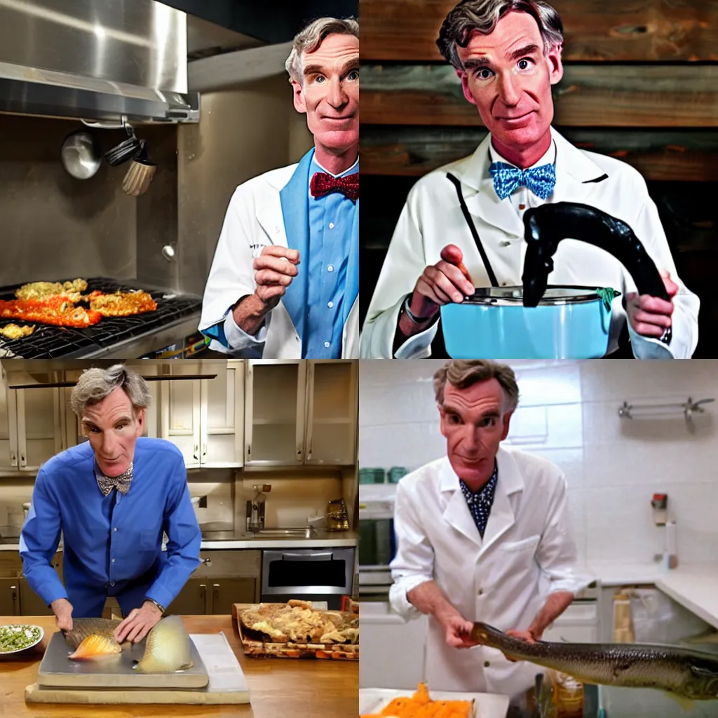 bill nye the science guy trying to cook a fish | Stable Diffusion | OpenArt