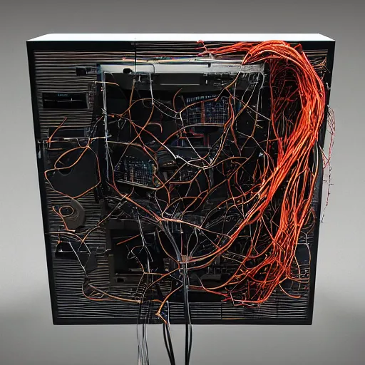 a square computer coated in, clumps of hair, wires, | Stable Diffusion ...