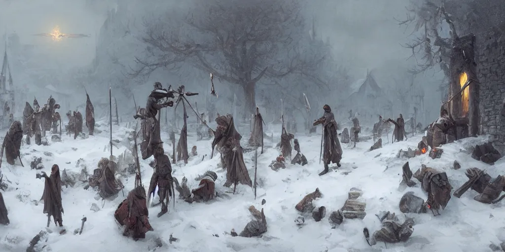 Several heads of decapitated villagers impaled on | Stable Diffusion