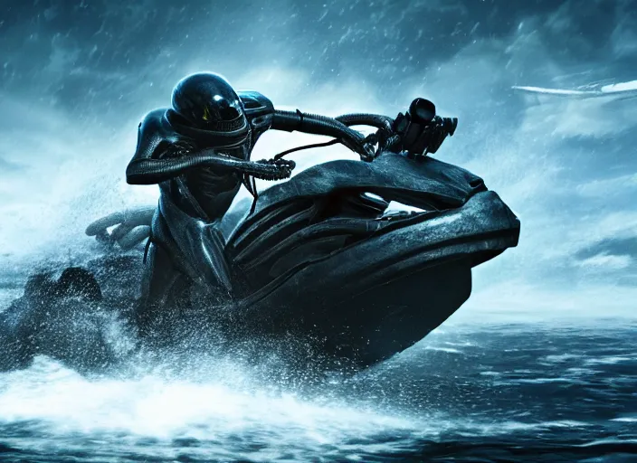 film still of alien!! xenomorph!! jet skiing in the | Stable Diffusion ...