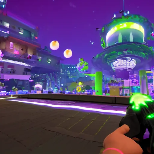 a landscape in the night of video game splatoon 3, | Stable Diffusion