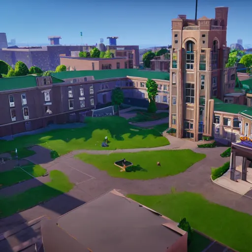 university of fortnite at tilted towers, on campus, | Stable Diffusion