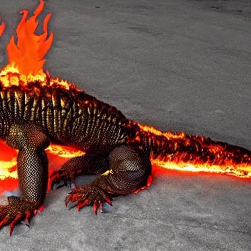 An enormous monitor lizard made of fire. It has wings | Stable Diffusion