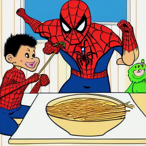 spiderman eating noodles, illustration for children's | Stable ...