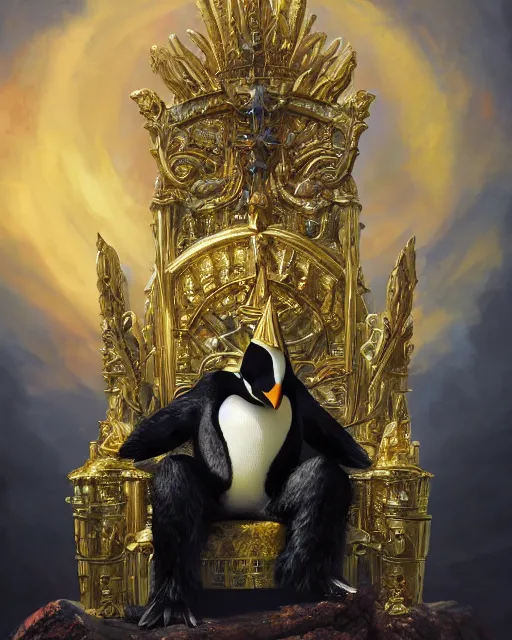 oil painting of penguin, sitting on golden throne, | Stable Diffusion