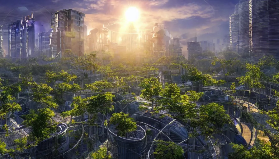 Sunrise over solar punk city, many trees and plants, | Stable Diffusion ...