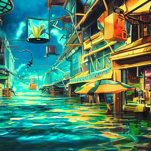 painted anime background of a flooded underwater slums | Stable Diffusion