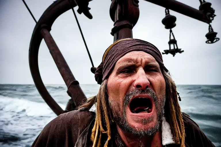 closeup old pirate yelling on an old pirate ship, | Stable Diffusion