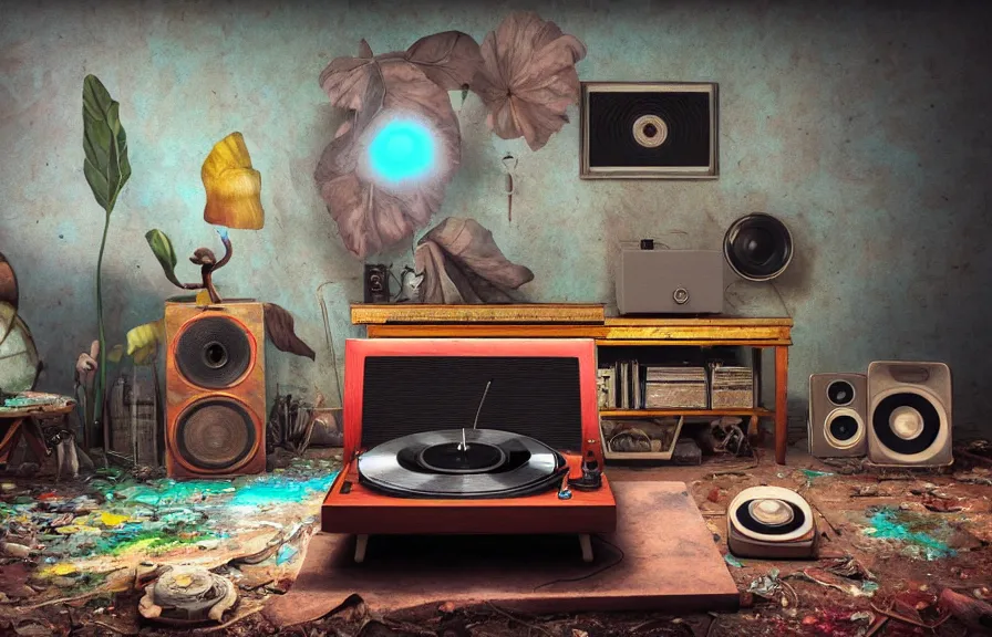 A realistic painting of a vintage record player and | Stable Diffusion