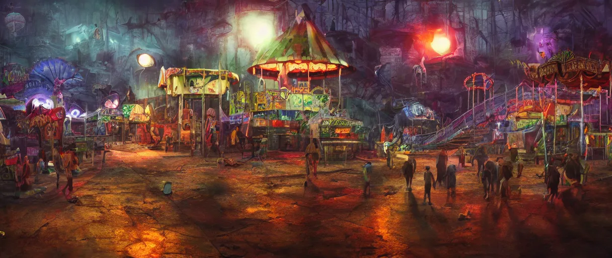 a rendered painting of a run down horror carnival, | Stable Diffusion