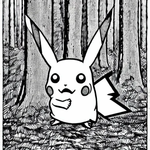 Pikachu alone in a forest by Junji Ito, scary, horror, | Stable ...