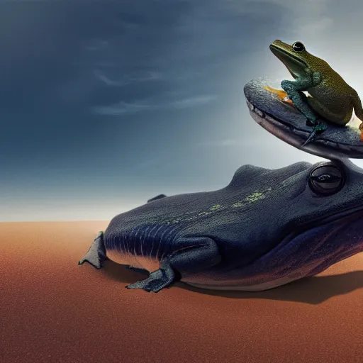 a frog riding a whale in the desert, photorealistic, | Stable Diffusion