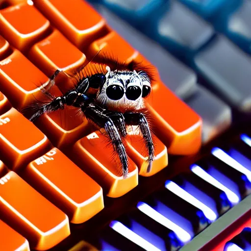 a jumping spider using minituarized computer keyboard, | Stable ...