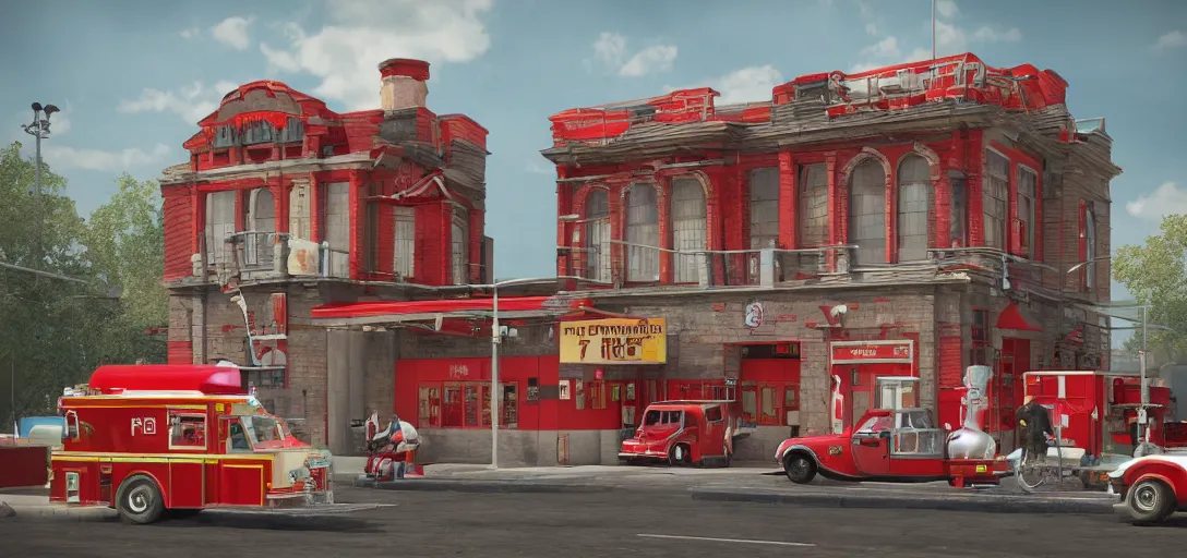 retro fire station concept art, colorful, 8 k | Stable Diffusion