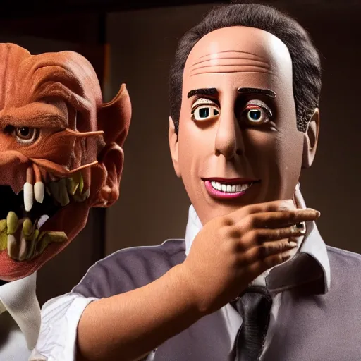 animatronic Jerry Seinfeld, exposed mechanics, photo, | Stable Diffusion