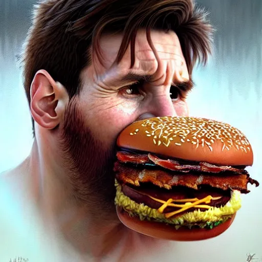Lionel Messi eating a mammoth Wendy's baconator, | Stable Diffusion