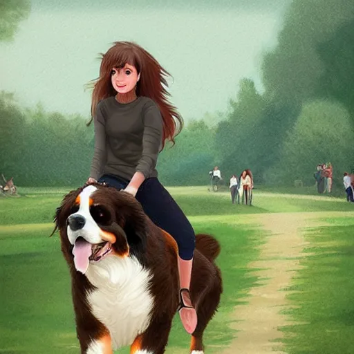 girl riding giant Bernese Mountain Dog in the park, | Stable Diffusion