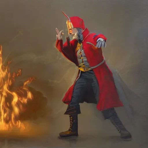 an old wizard casts a fireball at a British redcoat | Stable Diffusion