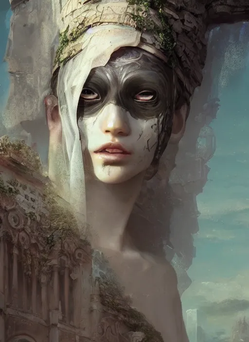 close up of a veiled half scull mask girl on the ruins | Stable ...