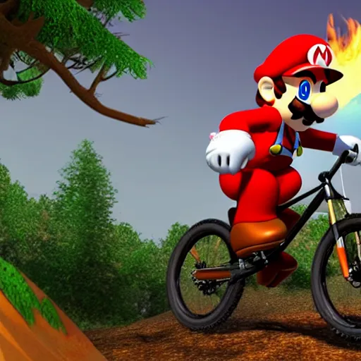 super mario is riding a mountainbike fast through a | Stable Diffusion