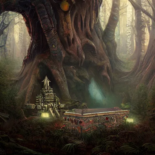 a painting of a alien altar in the middle of a forest, | Stable ...