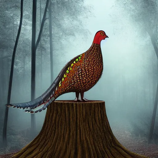 pheasant guard sits on a stump, in deep forest, by | Stable Diffusion | OpenArt