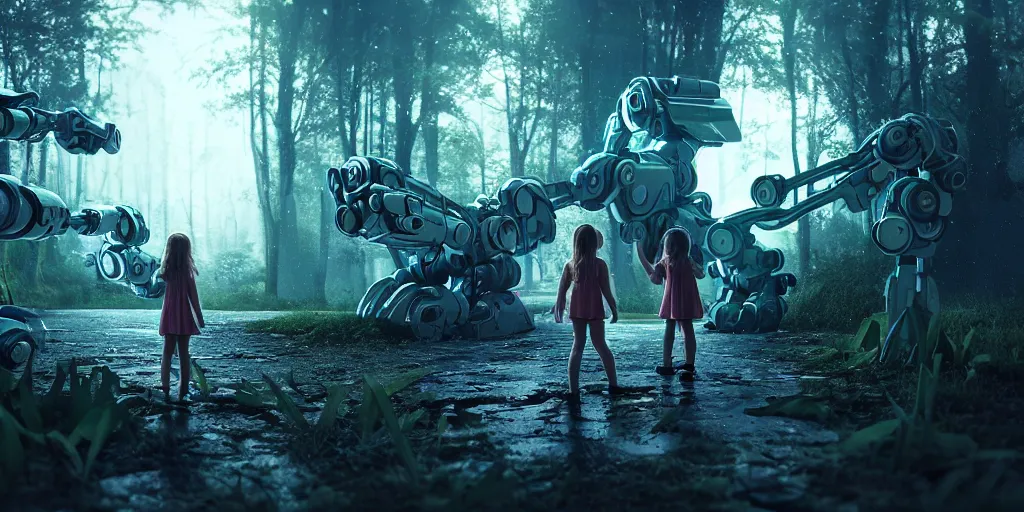 sci - fi scene in future cyberpunk forest, little girl | Stable ...