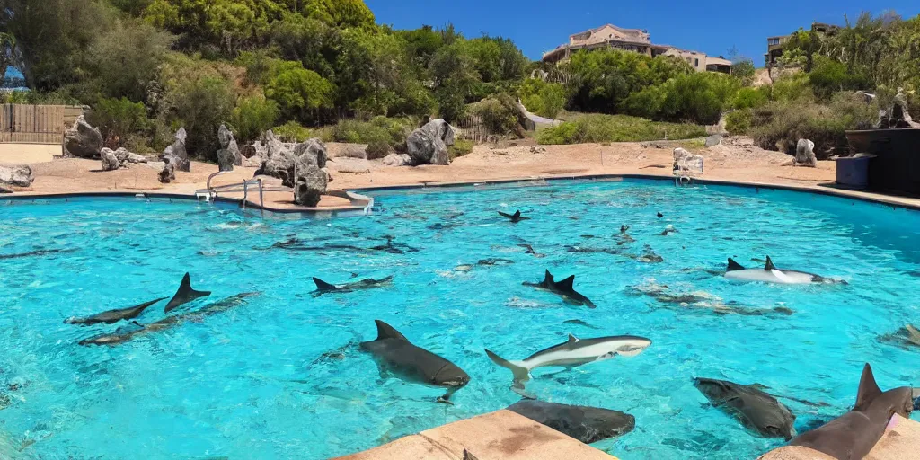an extrior pool with sharks under a sunny day | Stable Diffusion | OpenArt